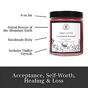 Self Love Affirmation Candle | 9 oz Natural Soy Wax | Pink Thulite Crystals, Herbs & Essential Oils | Acceptance, Self-Worth, & Forgiveness Rituals | Wiccan, Pagan, Spirituality