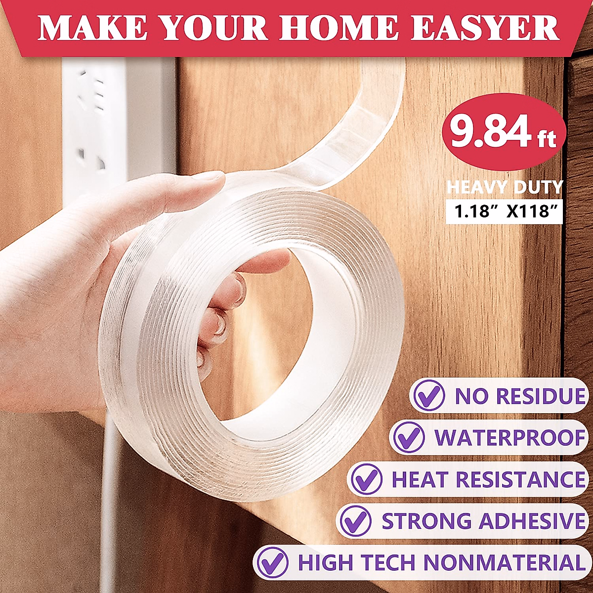 Nano Double Sided Tape Heavy Duty,Multipurpose Transparent Poster Tape, Adhesive Strips Strong Sticky Mounting Tape Transparent Tape Picture Hanging Strips Gel Tape (Transparent, 9.84FT)