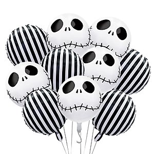 10Pcs Halloween Balloons Decorations Happy Halloween Party Foil Mylar Balloons Halloween Skull Balloons Black White Strip Balloons for Halloween Birthday Baby Shower Wedding Party Decor Supplies