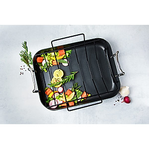 Turkey Roasting Pan, By Kook, Hard Anodized Roaster, Non stick, with Metal Rack and Stainless Steel Handles, 17 Inches from Handle to Handle (Grey)