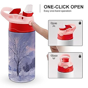 Stainless Steel Water Bottles Winter Landscape Travel Water Cups with Handle And Silicone Straw Drinking Cup with Leak Proof Lid Thermo Travel Mug for Women Men