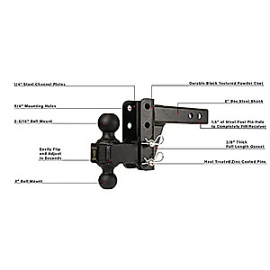 BulletProof Hitches 2.0" Adjustable Medium Duty (14,000lb Rating) 2" Drop/Rise Trailer Hitch with 2" and 2 5/16" Dual Ball (Black Textured Powder Coat)