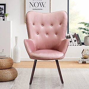 FurnitureR Velvet Accent Chair, Modern Wingback Tufted Vanity Armchair Upholstered Tall Back with Arms Solid Wood Legs for Living Bedroom Waiting Room Lounge Leisure, Rose