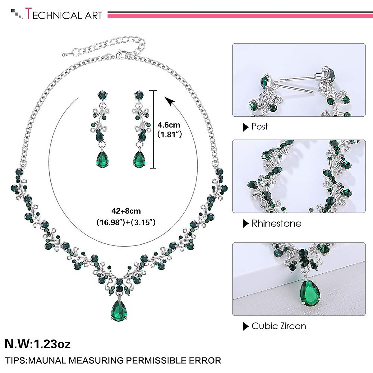 LILIE&WHITE Green Crystal and CZ Prom Jewelry Set with Necklace and Earrings for Women