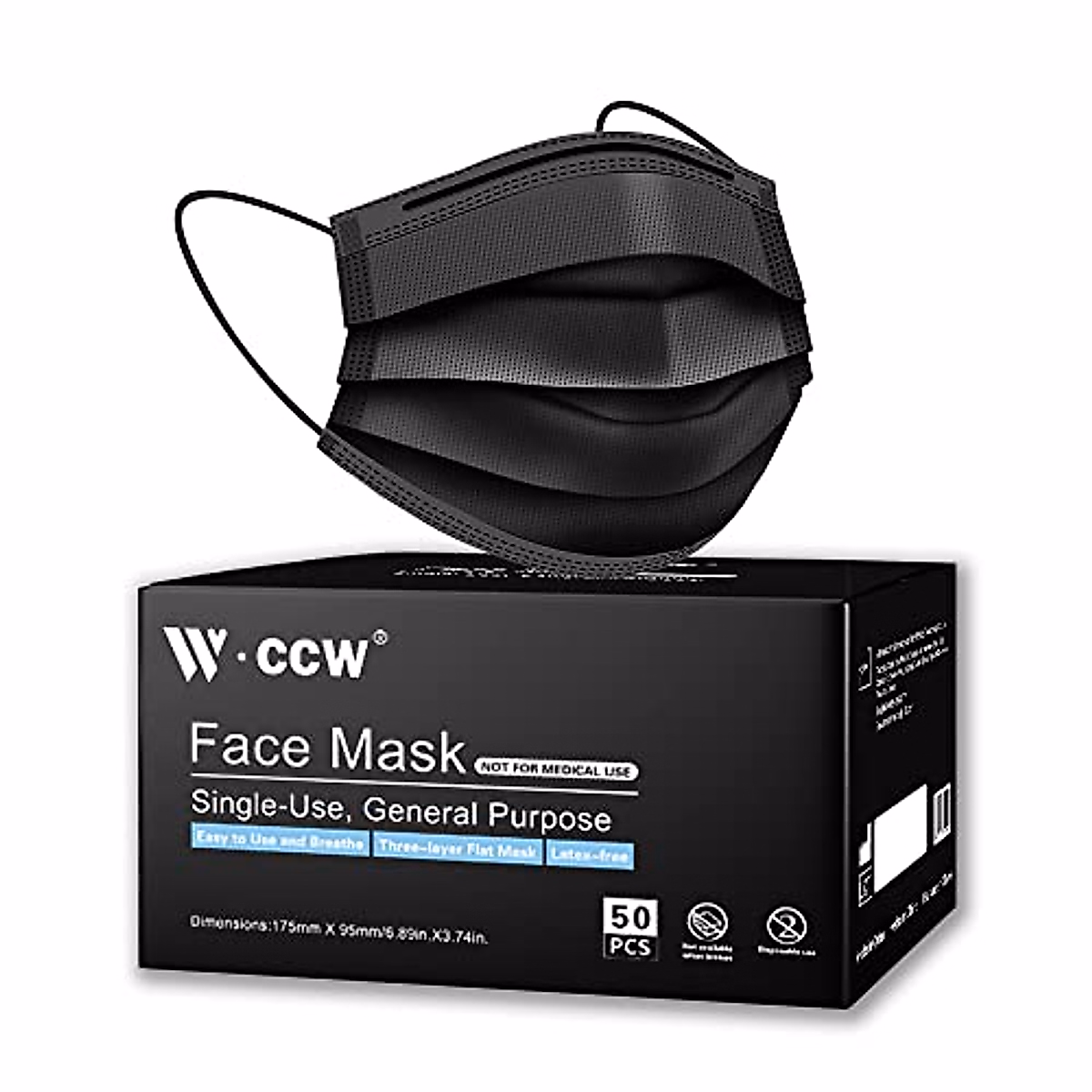 CCW Black Masks, 3 Layer Filter Protection 50 pcs Black Crowded Places with Elastic Earloop Masks,Individually Wrapped Disposable Face Masks for Adult Men Women