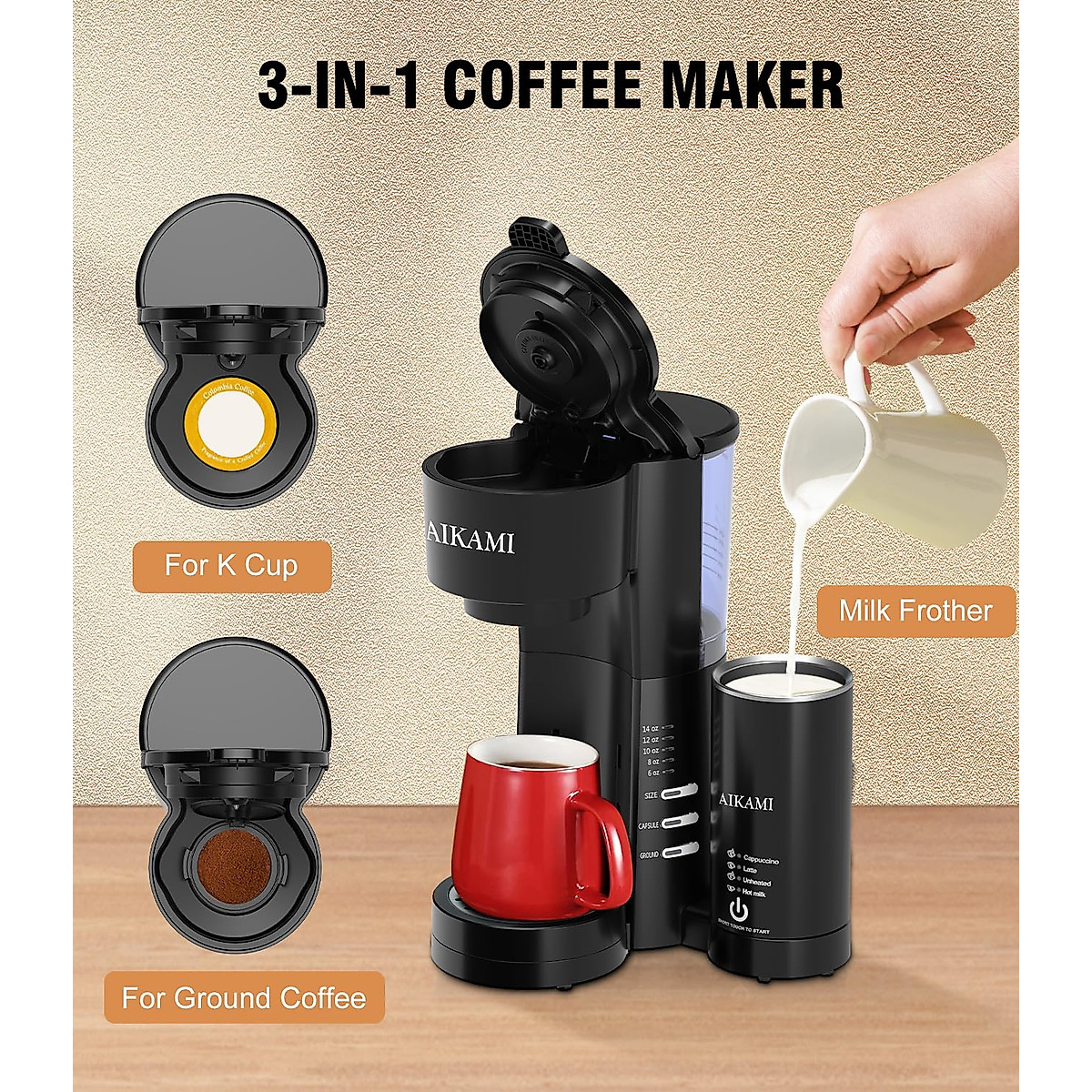 AIKAMI Single Serve Coffee Maker for K Cup & Ground Coffee with Milk Frother, 6 to 14 Oz Brew Sizes, Auto-Off Coffee Machine with Water Reservoir