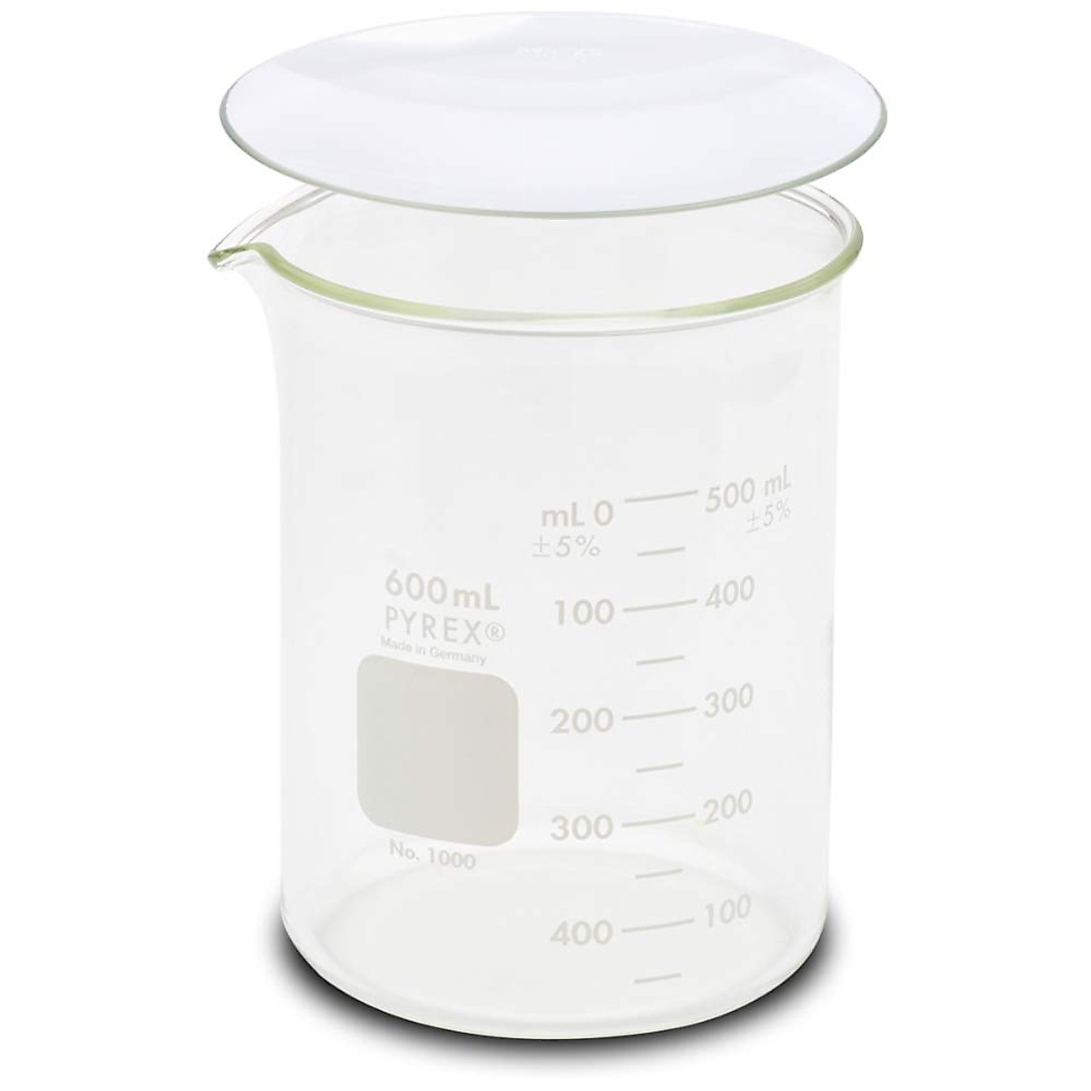Corning Pyrex 1000-600, 600ml Low Form Griffin Beaker with Pyrex 9985-100, 100mm Watch Glass (Single)