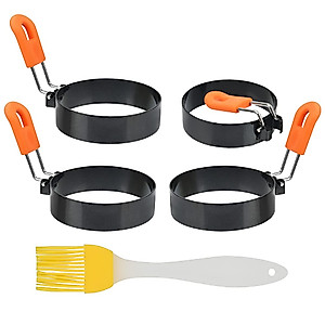 FOCCTS Egg Rings, 4 Pack Nonstick Cooking Rings with Oil Brush Round Crumpet Ring Mold Shaper, Stainless Steel Egg Mold Ring Molds for Cooking Frying Shaping Eggs