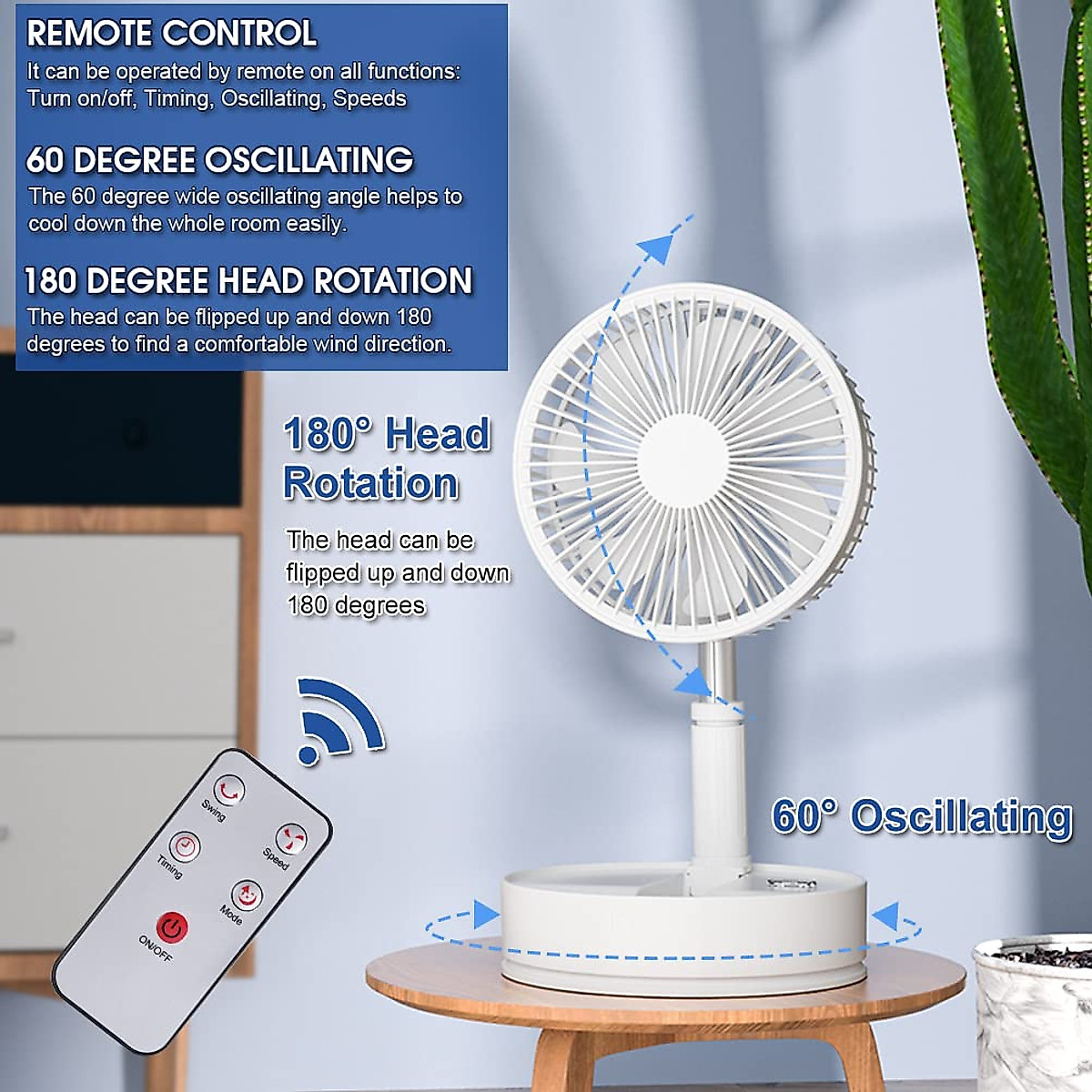 EZYDAYYI Battery Operated Floor Standing Fan Foldable Oscillating Desk Fan for Bedroom, Rechargeable 7200 mAh 8 inch Portable Small Room Fan Camping Travel Cooling Fan with Remote, Timer and 4 Speeds