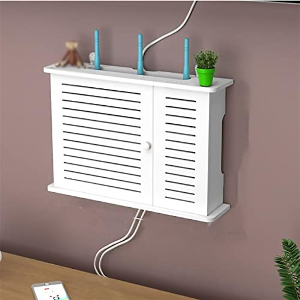 HTTDD Wireless Router Storage Box, WiFi Router Storage Boxes Wooden Box Cable Power Plus Wire Bracket Wall Hanging Plug Board Storage Shelf