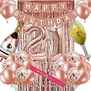 21st Birthday Decorations for Women, Rose Gold 21 Birthday Party Decoration for Her, 21st Happy Birthday Banner Kits Rosegold Balloons Decoration for Girls Women 21st Birthday Party Supplies