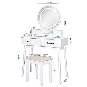UTEX Makeup Vanity Desk with Round Mirror and Lights,White Vanity Makeup Table, Small Vanity Table with 2 Drawers, 3 Lighting Modes Dresser Desk and Cushioned Stool Set for Bedroom, White