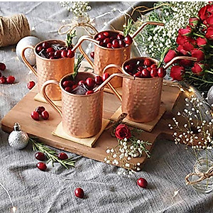 Gift Set Pure Copper Hammered Mugs with Copper Straws & Wooden Coasters Set of 4 - PREMIUM QUALITY -16 Oz Copper Mug - 100% Handcrafted - A Gift Pack for your loved Ones.