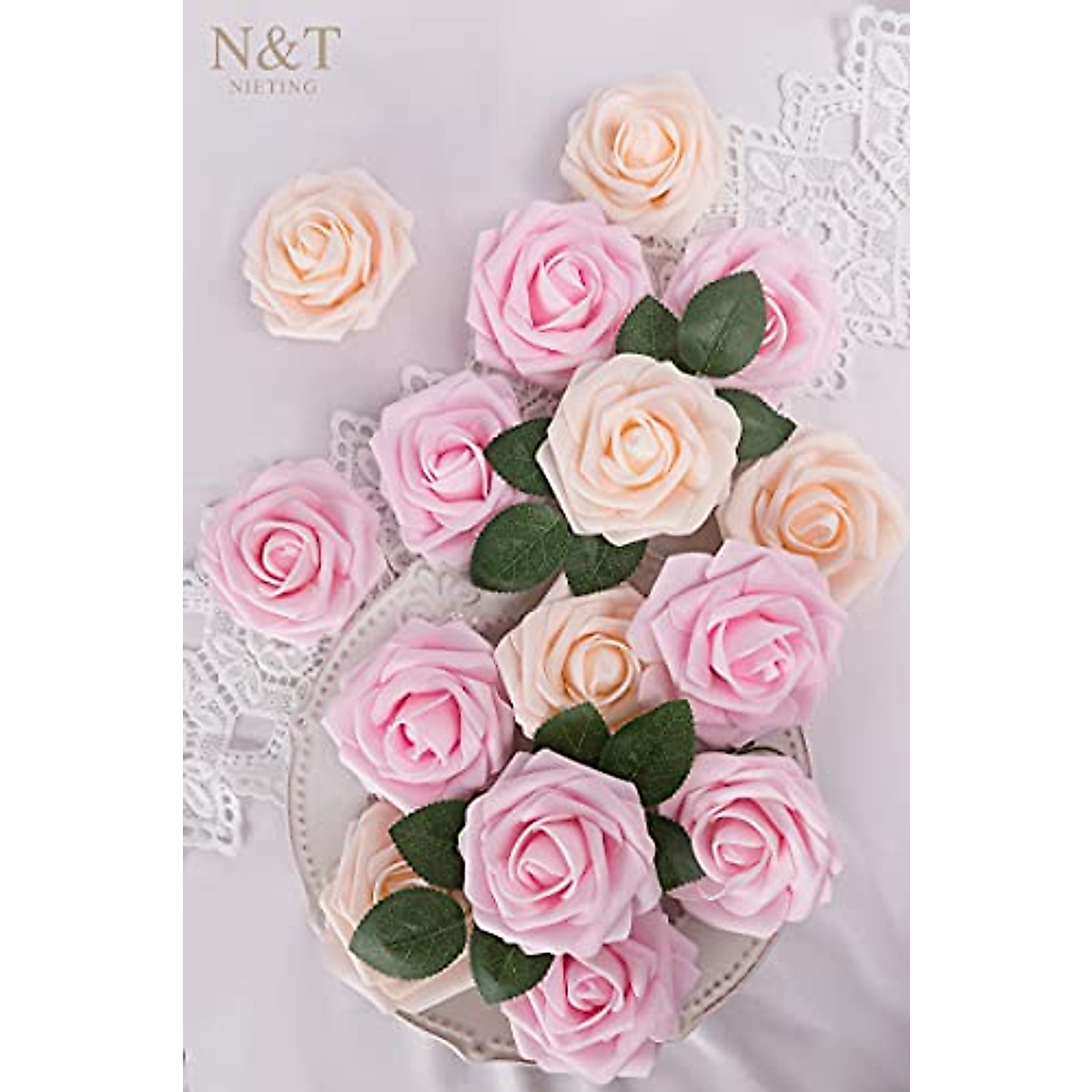 N&T NIETING Artificial Flowers, 25Pcs Fake Flowers Roses Perfect for DIY Wedding Bouquets Centerpieces Bridal Shower Party Home Flower Arrangement Decorations, Series Pink