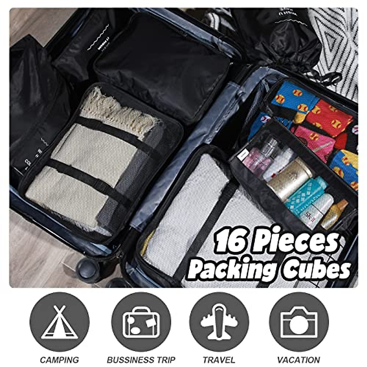 16 Set Packing Cubes Luggage Organizer Bags Travel Suitcases Organizers Luggage Cubes with Toiletry Bag and Shoes Bag (Black, Beige)
