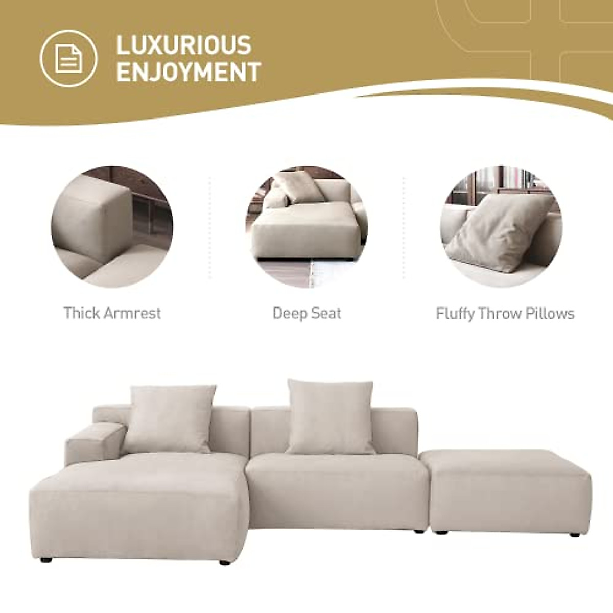Acanva Luxury Modern Modular L-Shape Sectional Sofa Set, 3 Seat Upholstered Couch with Chaise Lounge for Living Room Bedroom Apartment,Light Cream