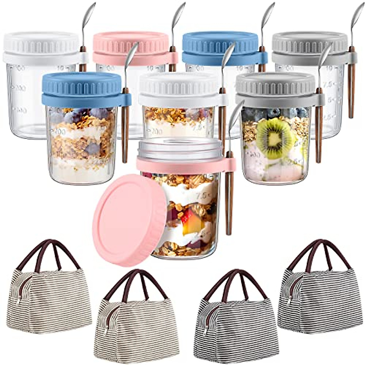 Dandat 8 Pieces Overnight Oats Containers with Lids and Spoons Measurement Marks 12 oz Glass Overnight Oats Jars with 4 Insulated Lunch Bag for Food Women Cereal Milk Vegetable Fruit Salad