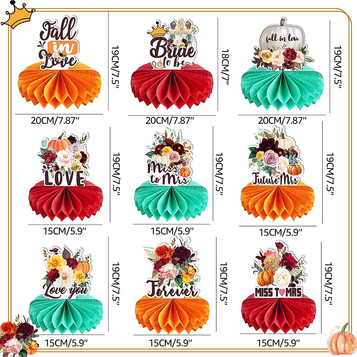 9 Pcs Fall Wedding Honeycomb Centerpieces Bachelorette Party Decorations Bride to Be Floral Little Pumpkin Table Topper Center Piece Fall Theme Miss to Mrs Bridal Shower Engagement Party Supplies