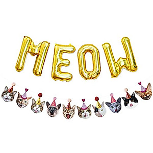 Bessmoso Funny Cat Party Garland Meow Letter Balloons Cats Faces with Party Hats Banner Kitten Bunting Photo Props for Cat Theme Birthday Party Pet Adoption Party Supplies