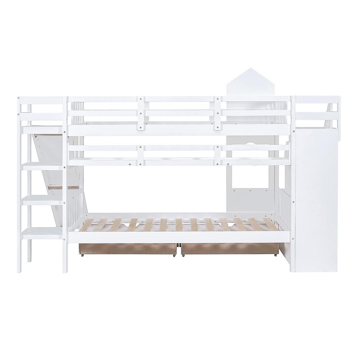 CITYLIGHT Castle Bunk Bed Twin Over Twin,Wooden Bunk Beds with Slide and Storage Stairs,Space Saving Twin Bunk Bed with 2 Drawers and 3 Shelves,Kids Bunk Bed for Girls Boys,White