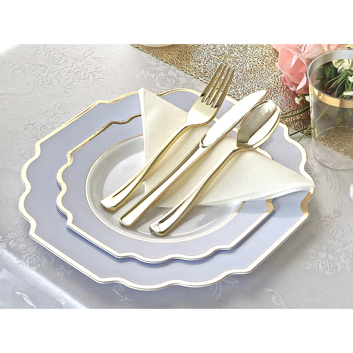 " OCCASIONS " 50 Plates Pack (25 Guests)-Heavyweight Wedding Party Disposable Plastic Plate Set -(25x10.5'' Dinner + 25x8'' Salad/dessert (Imperial in White/Blue & Gold)