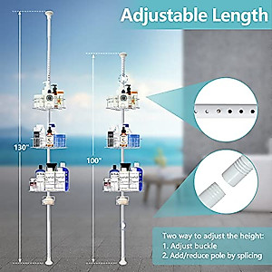 White Corner Shower Caddy Tension Pole - Heavy Duty Stainless Steel Shower Organizer Tension Pole - Adjustable Shower Pole Caddy for Inside Bathroom and Bathtub - 4 Tier Shelves, 40 to 120 Inch