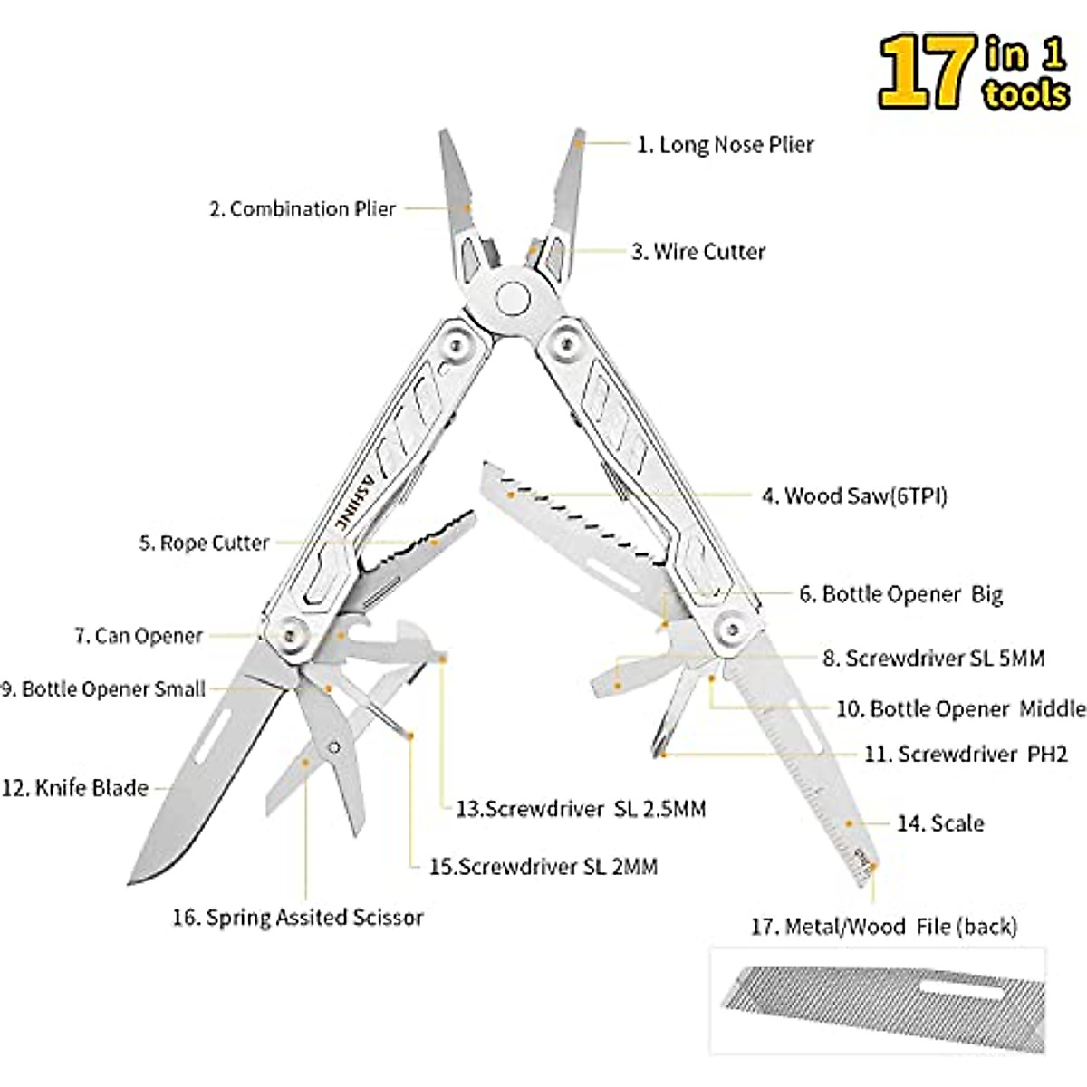 ASHINE Multitool with Pocket Clip Knife Scissors, 17-in-1 EDC Multi-tool Pliers with Safety Lock Unlock Button Rounded Handles & Sheath for Men Camping Fishing