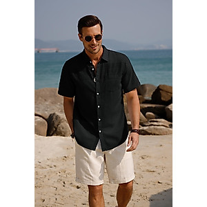 GRACE KARIN Men's Hawaiian Cotton Linen Shirts Casual Button Down Tropical Holiday Beach Shirts Black L