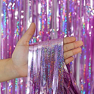 Foil Fringe Curtains Party Decorations - Melsan 3 Pack 3.2 x 8.2 ft Tinsel Curtain Party Photo Backdrop for Birthday Party Baby Shower or Graduation Decorations Pinkish Purple