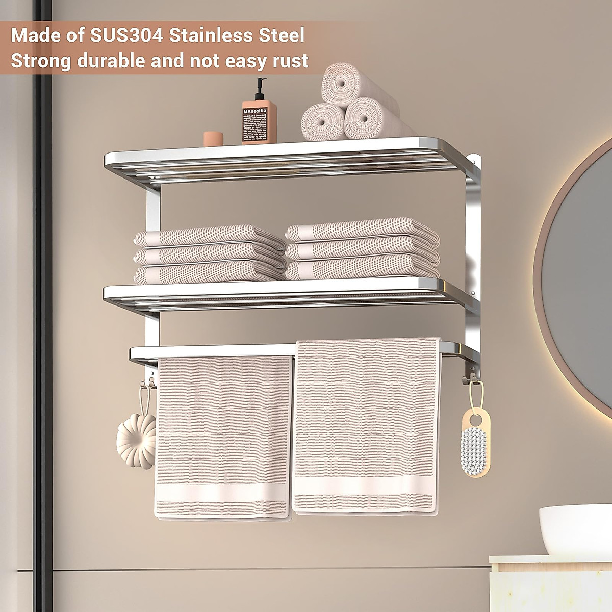 DDS-DUDES 3-Tier Towel Racks for Bathroom with Towel Bars Multilayer Hotel Towel Shelf Stainless Steel Wall-Mounted Brushed Finish Holder with Towel Shelves 23 Inches