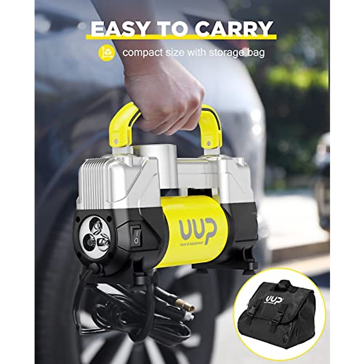 UUP Tire Inflator Air Compressor, 150PSI 12V DC Double Cylinders Heavy Duty Portable Air Pump w/Emergency LED Light for Truck, SUV, Car, RV