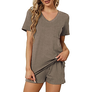RUBZOOF Pajamas for Women Shorts Set V Neck Casual Summer Short Sleeve Lounge Sets Grey L