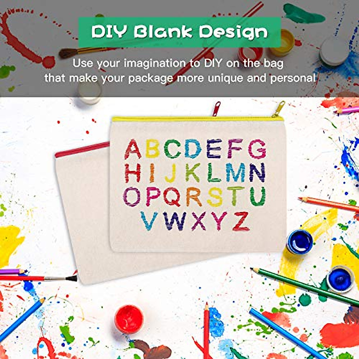 Small Canvas Bags with Zipper, Zipper Pouch 12 Pack, DIY Craft Bag Canvas Makeup Bags Cosmetic Bag Multipurpose Travel Toiletry Pouch Blank Stationery Pencil Pouch with Colorful Zipper, Beige