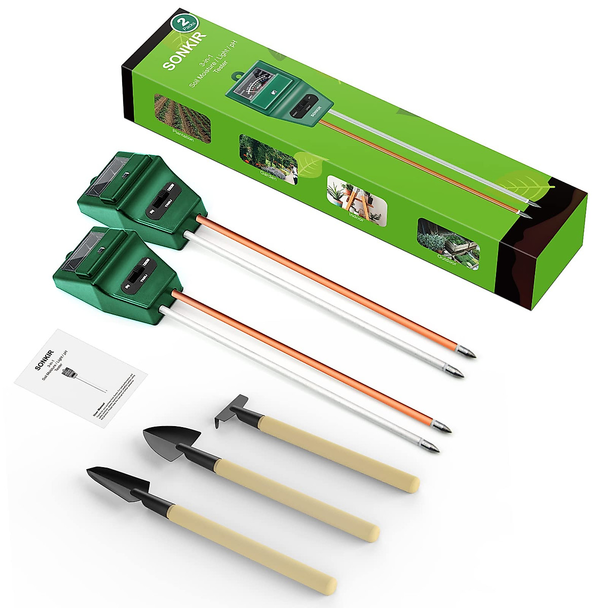 SONKIR Soil pH Meter, MS02 3-in-1 Soil Moisture/Light/pH Tester Gardening Tool Kits for Plant Care, Great for Garden, Lawn, Farm, Indoor & Outdoor Use (Green), 2 Packs