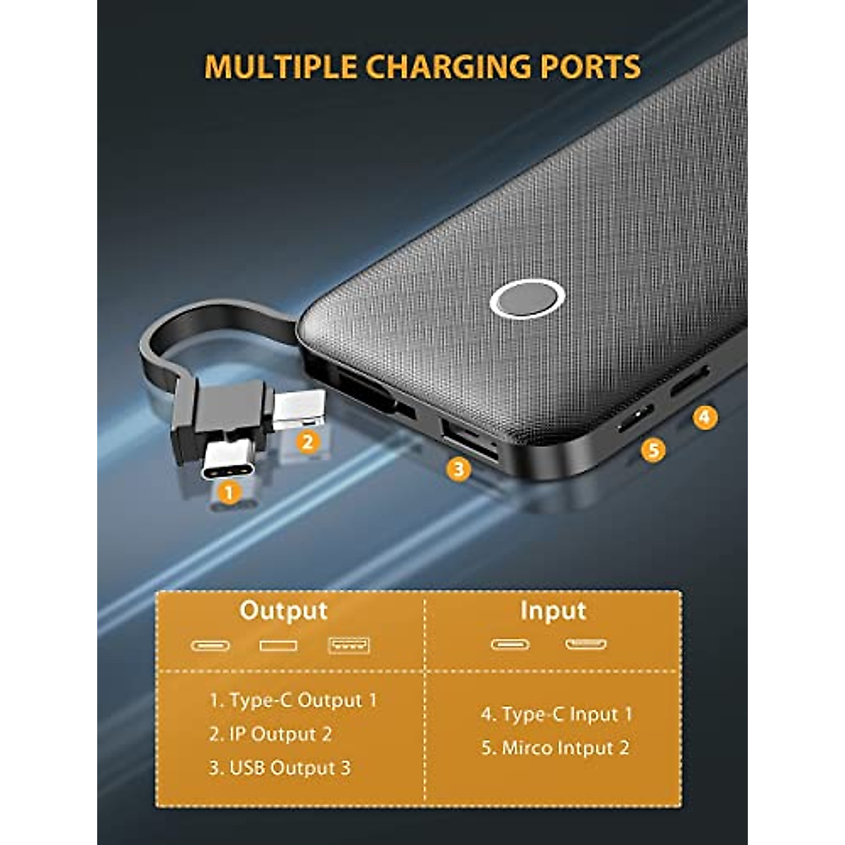 Portable Phone Charger Power Bank 10000mAh, Alongza Portable Charger Built in Cable USB Battery Pack, Slim External Backup Battery Charger with Cable, Travel Charger Compatible with iPhone and Android