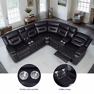 Power Recliner Sectional, Faux Leather Power Reclining Sectional Couch, Modular Livingroom Furniture Sets with 2 Storage Console & 4 Cup Holders (Black)