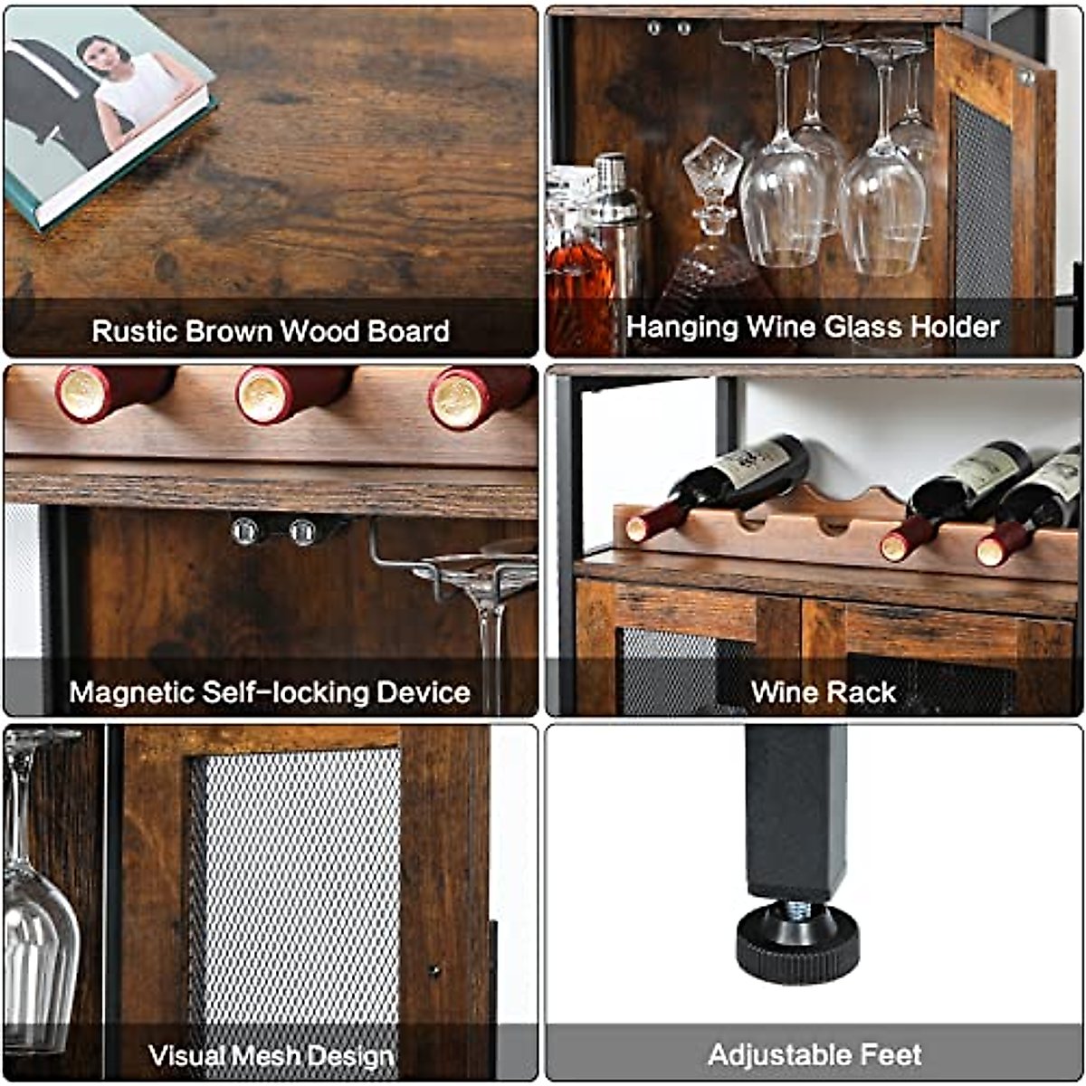 X-cosrack Wine Bar Rack Cabinet with Detachable Wine Rack, Coffee Bar Cabinet with Glass Holder, Small Sideboard and Buffet Cabinet with Mesh Door, Rustic Brown(Patent Pending)
