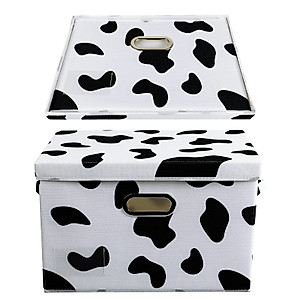 ANMINY 2PCS Large Storage Bins Cow Print Foldable Cotton Linen Lidded Box Basket Cubes Set with Removable Lids PP Plastic Board Handles Label Window Home Closet Shelf Clothes Toys Organizer Containers