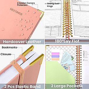 Meeting Notebook, 240 Page Hardcover Leather Notebooks for Work, Professional B5 Notebook with Action Items, 24 PCS Sticky Tabs for Organizer Notebook, Project Planner Notebook for Women Men, Black