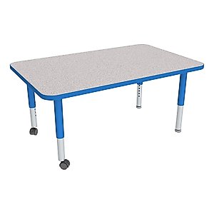 Sprogs Adjustable Height Mobile Classroom Activity Table for Preschools, Rectangle Preschool Activity Table with Casters, 30"D x 48"W x 23"H, Gray/Blue