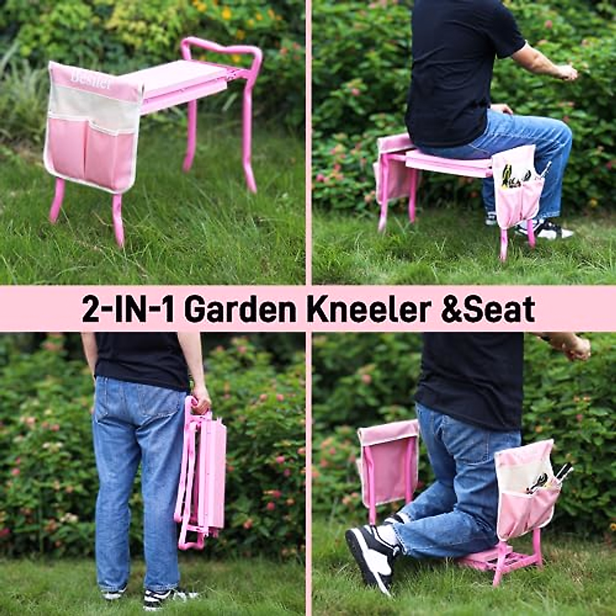 Besiter Garden Kneeler and Seat, Heavy Duty Garden Stool with EVA Foam Pad Protects Knees Back, Folding Gardening Kneeler Bench and Sitting for Camping Great Gifts for Seniors, Women (Pink Seat Only