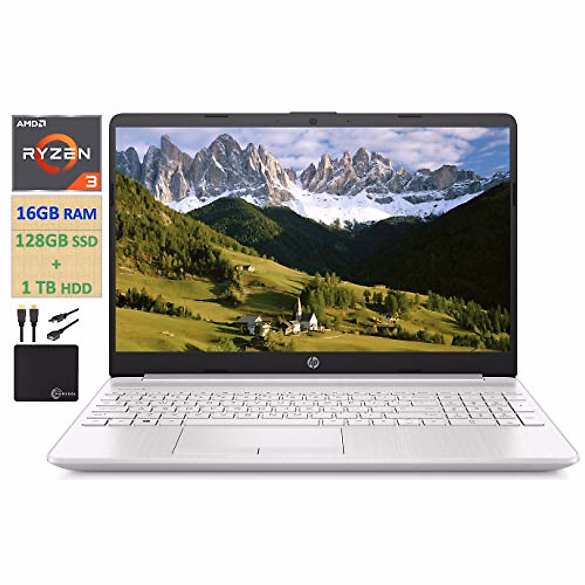 2021 HP Flagship 15.6” HD Laptop Computer, AMD Ryzen 3 3250U up to 3.5GHz (Beat Intel i5-7200U), 16GB RAM, 128GB SSD+1TB HDD, HD Webcam,Remote Work,WiFi, Bluetooth 4.2, HDMI, Win10 S, w/Marxsol Cables