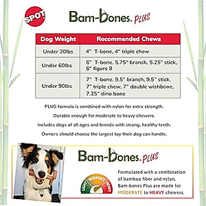 SPOT Bam-Bones Plus T Bone - Bamboo Fiber & Nylon, Durable Long Lasting Dog Chew for Aggressive Chewers – Great Toy for Adult Dogs & Teething Puppies Under 90lbs, Non-Splintering, 7in Chicken Flavor