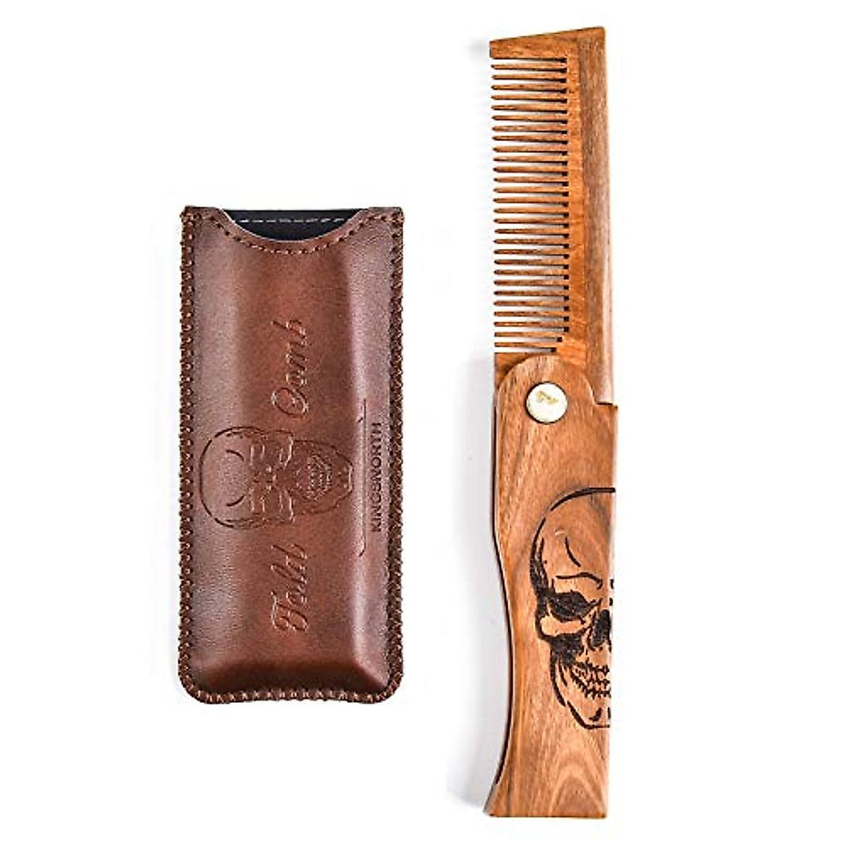 Menesia Men's Pocket Comb,Folding Wooden Beard Comb with Leather Travel Case,Green Sandalwood Hair Combs Set for Men(Skeleton)