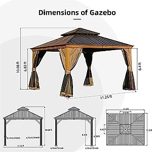 T-SKR Hardtop Gazebo, Wooden Coated Aluminum Frame Canopy with Galvanized Steel Double Roof, Outdoor Permanent Metal Pavilion with Curtains and Netting for Patio, Deck and Lawn (12'x12', Wood-Looking)