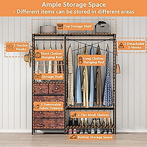 Auromie Clothes Rack with 5 Drawers & 4 Storage Shelves, 59.1W*70.9H Heavy Duty Clothing Rack with 2 Hanging Rods, Wardrobe Closet Organizer System with 5 Hooks, Freestanding Garment Rack (Rustic)