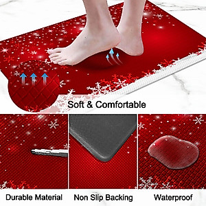 Lnond Anti Fatigue Kitchen Floor Mat, Kitchen Mat Sets 3 Piece with Dish Drying Mat, Non Skid Waterproof Washable Cushioned Floor Mats for kichen Room Home Office Sink (Red Christmas Snowflakes)