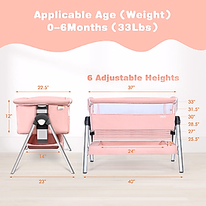 INFANS Baby Bassinet Bedside Crib, Newborn Sleeper w/Large Storage Basket, Adjustable Heights, Detachable &Washable Mattress, Breathable Mesh, Straps, Easy Moving Bed Side (Pink)
