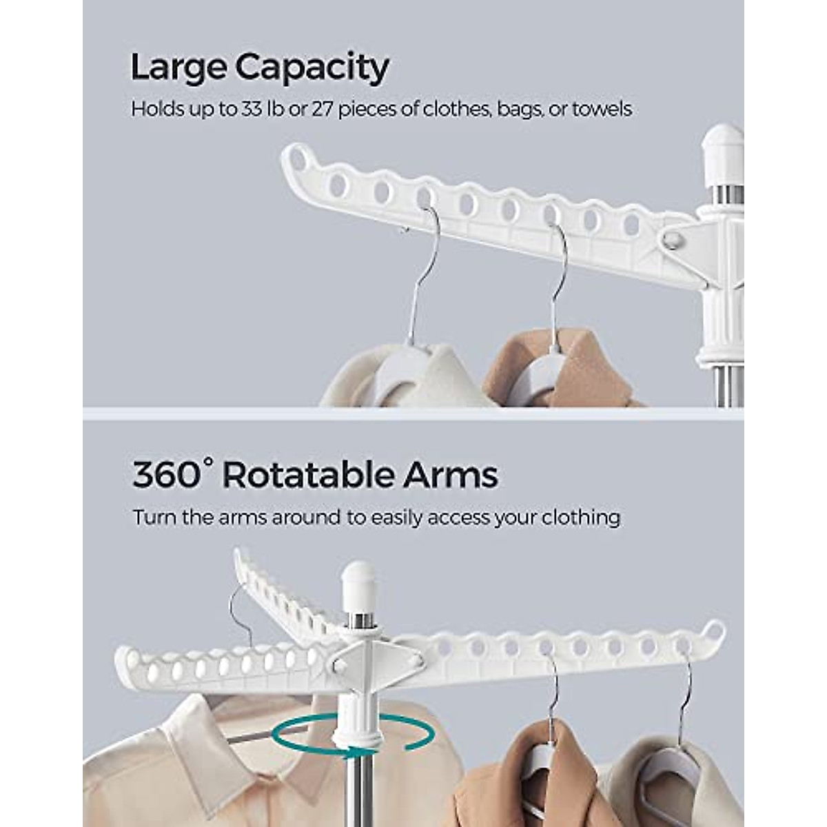 SONGMICS Clothes Drying Rack, 59.6 Inches High Folding Laundry Drying Rack with 3 Rotatable Arms for Hangers, 4 Legs, Stainless Steel, for 27 Pieces of Clothes, White and Silver ULLR510W01