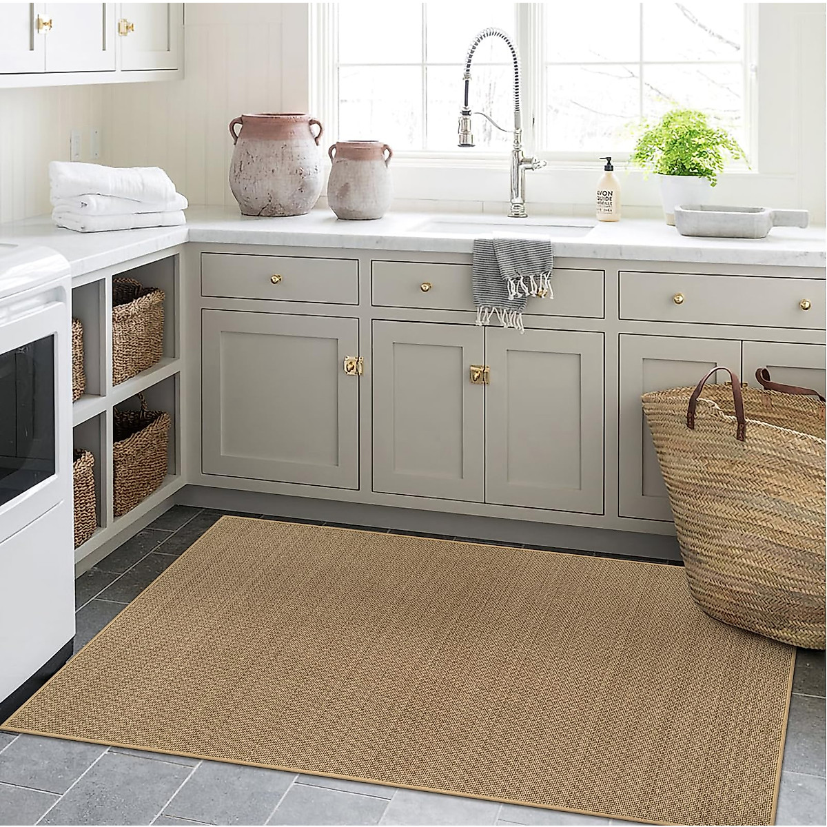 Wonnitar Farmhouse Kitchen Rugs, 3x5 Rubber Area Rugs for Entryway Indoor Non-Slip Washable Braided Front Door Mat Neutral Woven Absorbent Throw Carpet for Entry Bathroom Bedroom (Beige,3'x5')